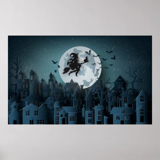 Papercut Halloween Witch Flying over Village Poster | Zazzle