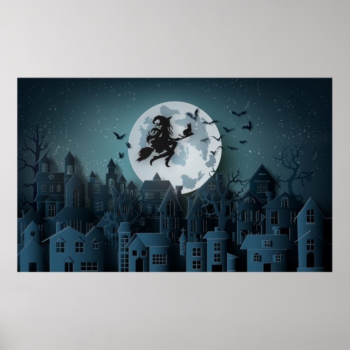 Papercut Halloween Witch Flying over Village Poster | Zazzle.com