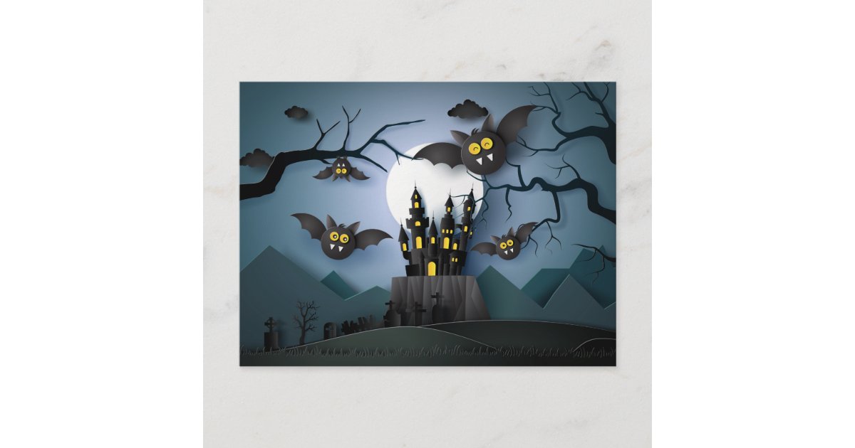 Papercut Haunted Castle and Bats Postcard | Zazzle