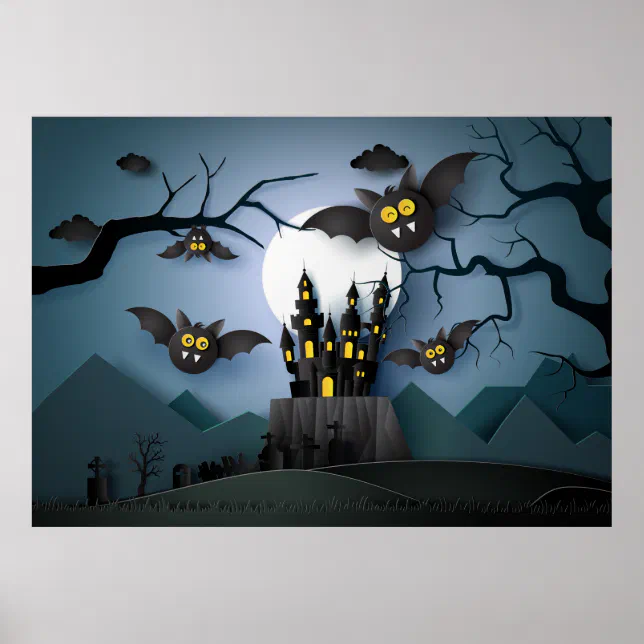 Papercut Haunted Castle and Bats Poster | Zazzle