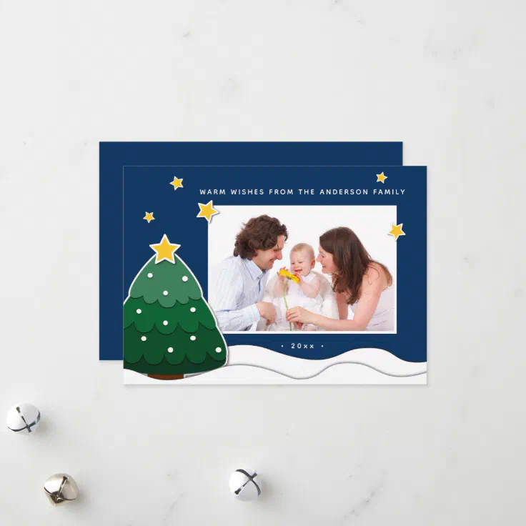 Papercut Stars & Snowy Christmas Tree Family Photo Holiday Card | Zazzle