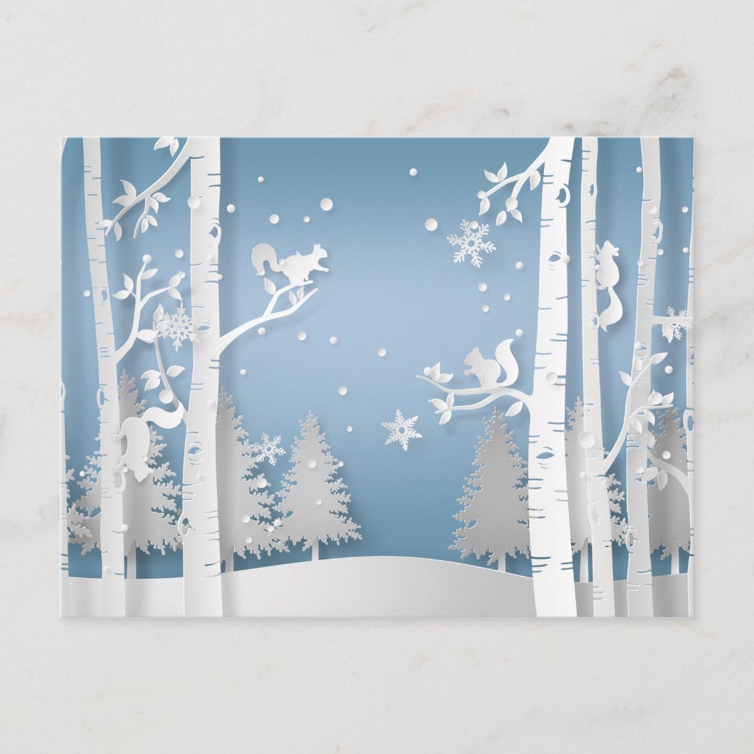 Papercut Winter Forest and Squirrels Christmas Postcard | Zazzle