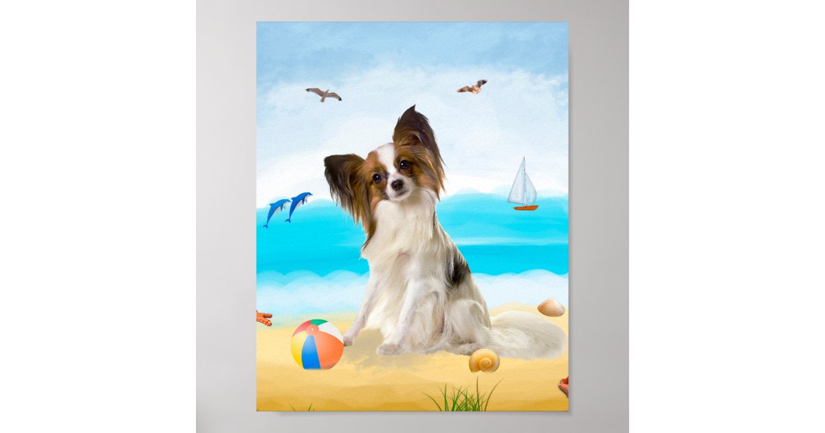 Papillon Dog on Beach Poster | Zazzle