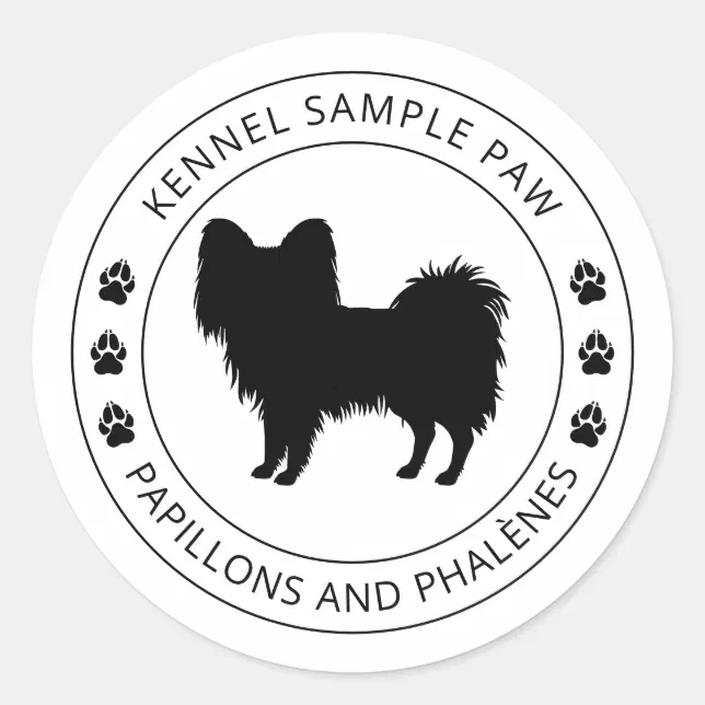 Papillon Dog Silhouette With Paws And Custom Text Classic Round Sticker ...