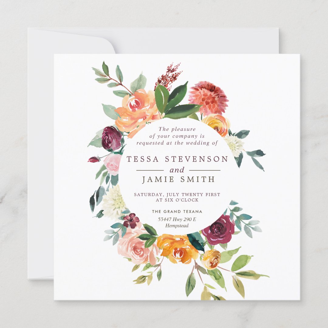 Paprika Burgundy Floral Square Wedding Invitation | Zazzle