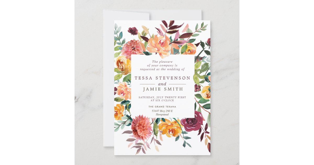 Paprika Burgundy Floral Wedding Invitation | Zazzle