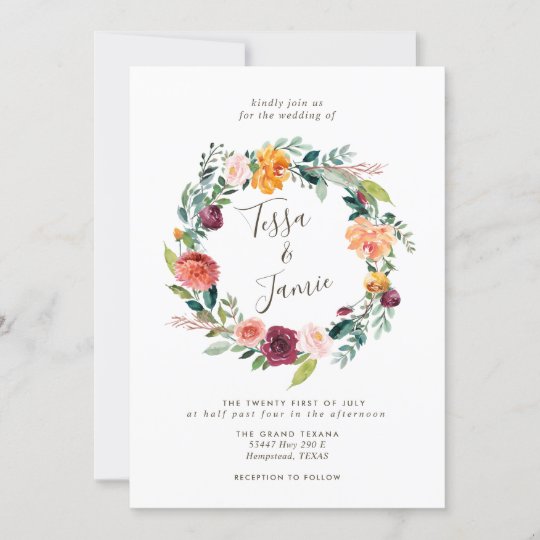 Paprika Burgundy Floral Wreath Wedding Invitation | Zazzle.com