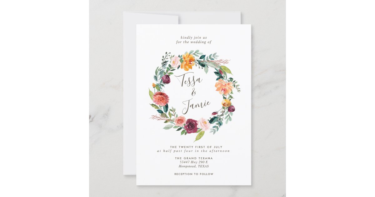 Paprika Burgundy Floral Wreath Wedding Invitation | Zazzle