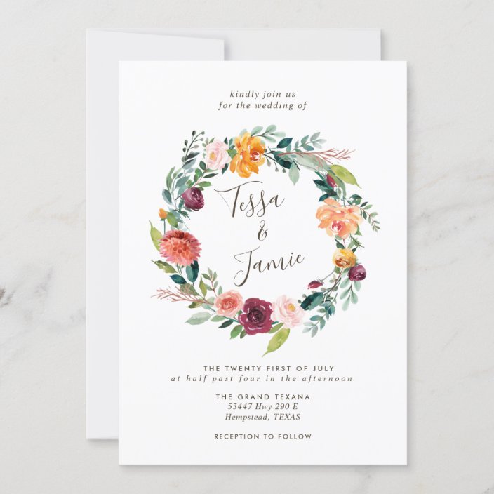 Paprika Burgundy Floral Wreath Wedding Invitation | Zazzle.com
