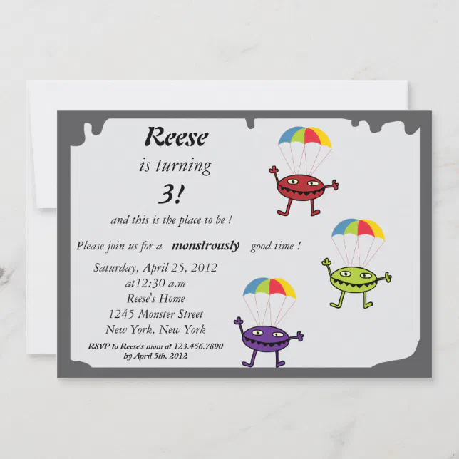 Parachute drop- monster birthday invitation-1 invitation | Zazzle