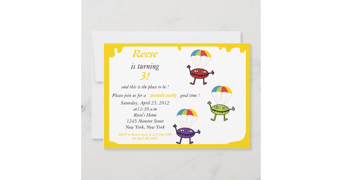 Parachute drop- monster birthday invitation-3 invitation | Zazzle