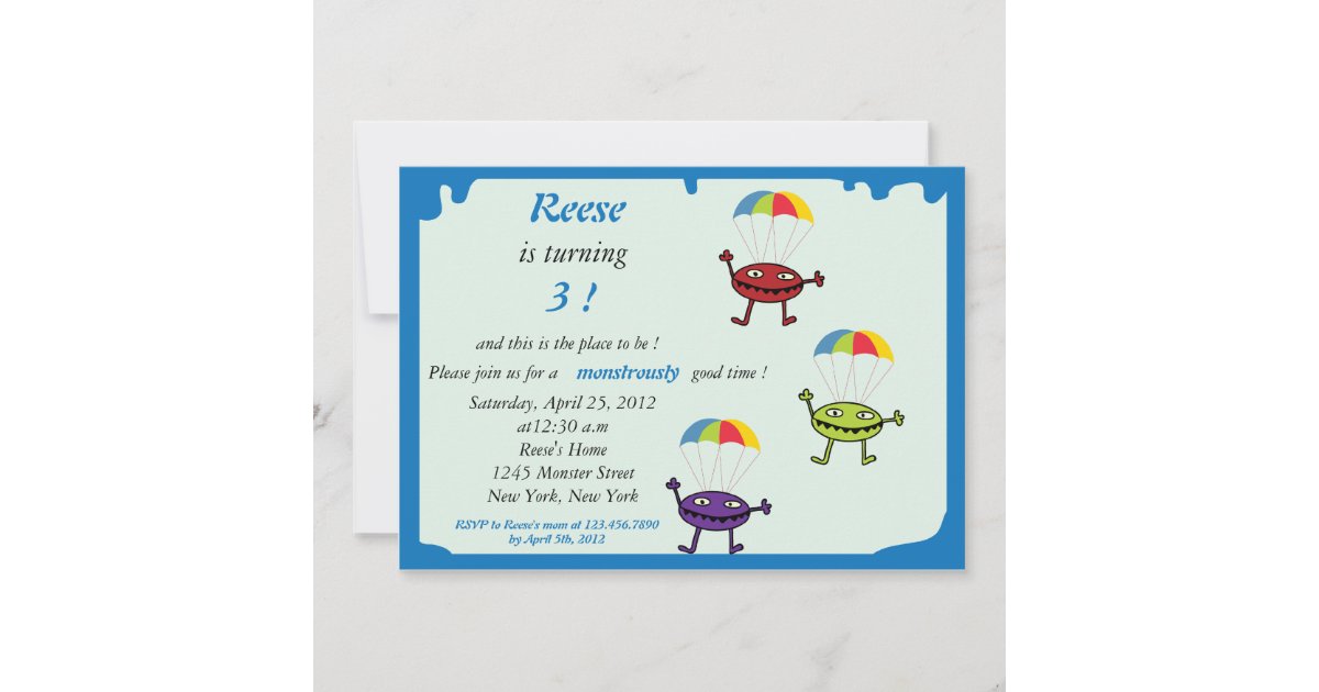 Parachute drop- monster birthday invitation-4 invitation | Zazzle