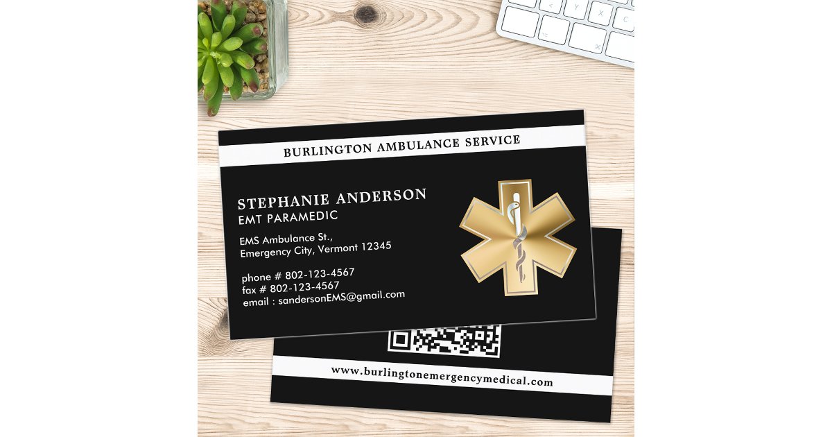 Paramedic EMT Custom Ambulance Gold Logo QR Code Business Card | Zazzle