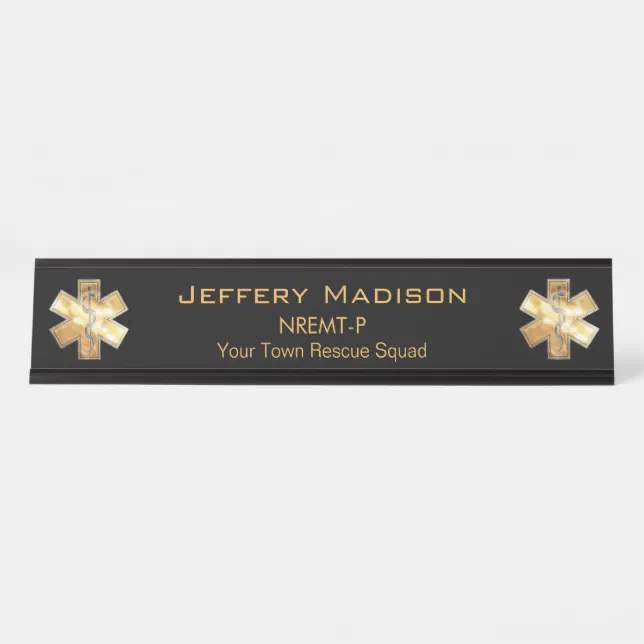 Paramedic EMT EMS Black and Gold Desk Name Plate | Zazzle