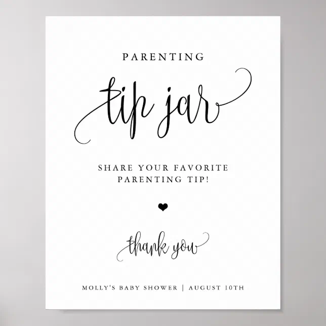 Parenting Tip Jar Sign, Minimalist Calligraphy Poster | Zazzle