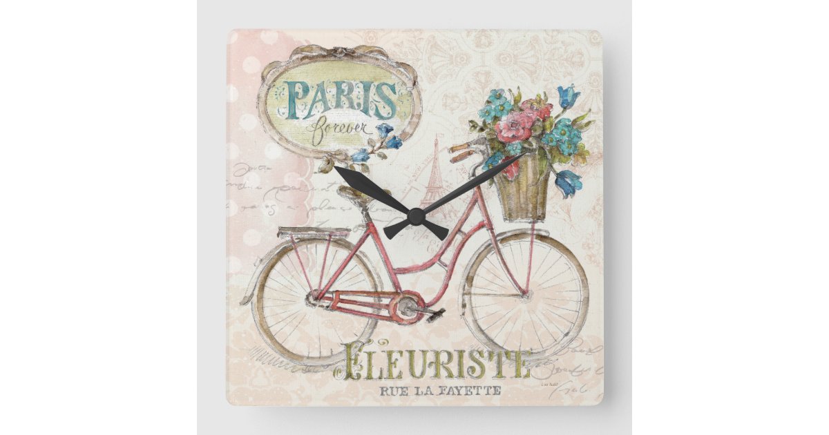 Paris Bike With Flowers In Front Square Wall Clock | Zazzle