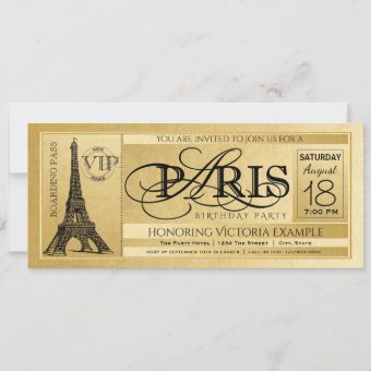 Paris Birthday Party Invitation Gold Paris Ticket | Zazzle