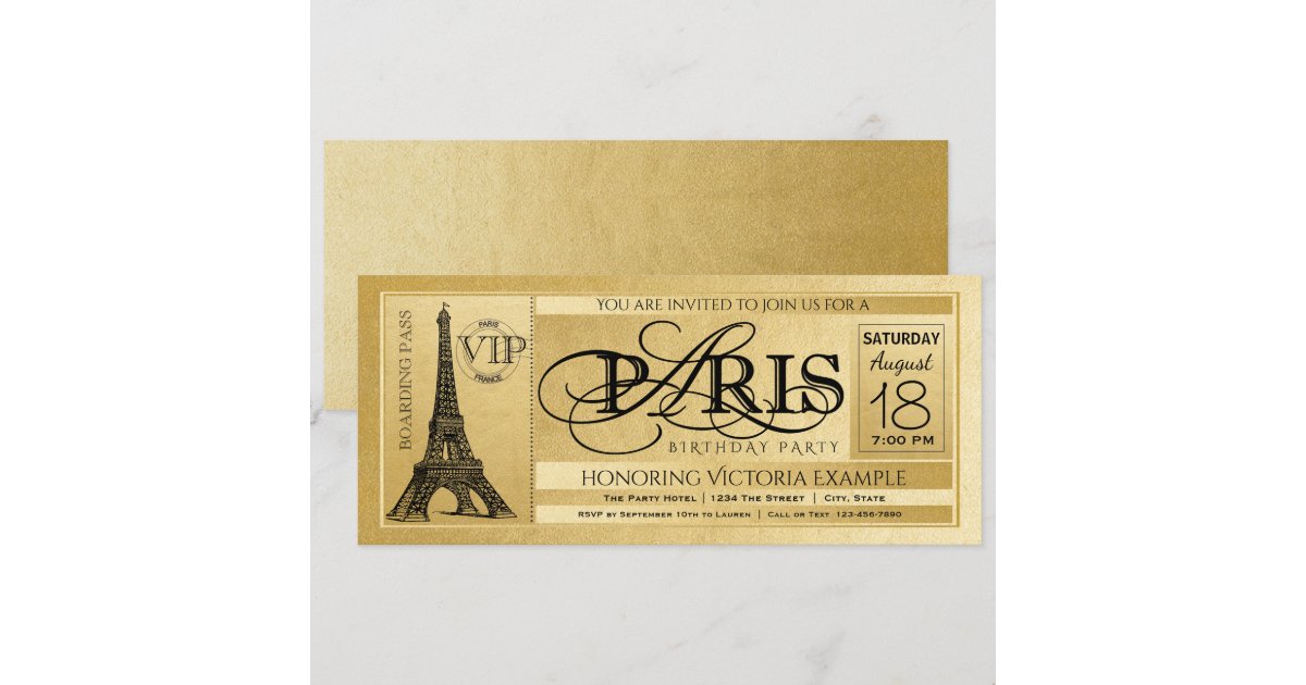 Paris Birthday Party Invitation Gold Paris Ticket | Zazzle