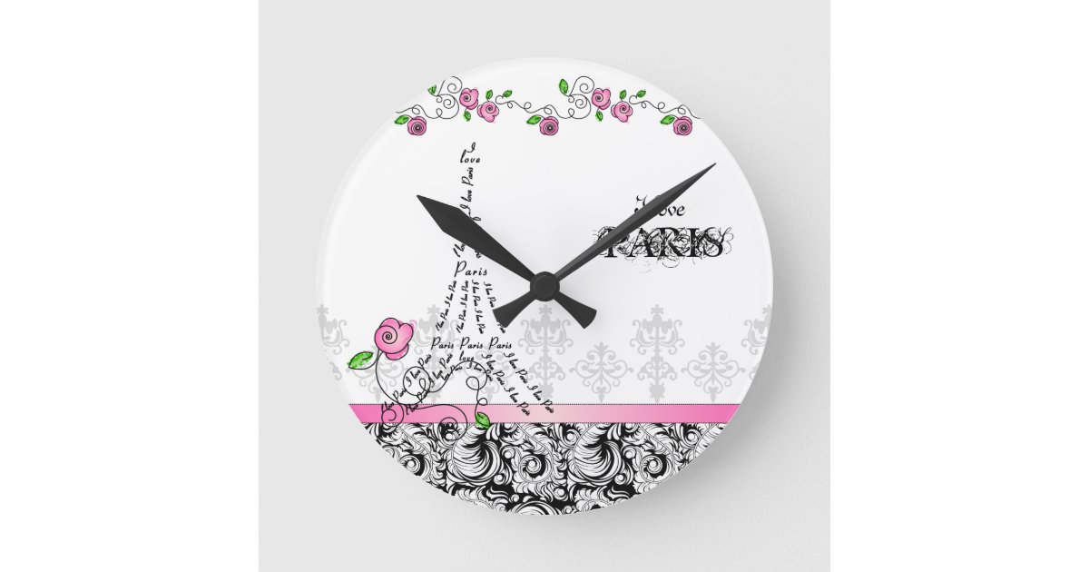 Paris Custom Clock Pink Roses | Zazzle