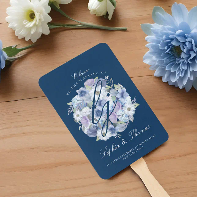 Paris Eiffel Tower Blue Floral Wedding Program Hand Fan | Zazzle