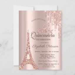 Paris Eiffel Tower,Drip Rose Gold Quinceañera Invitation | Zazzle