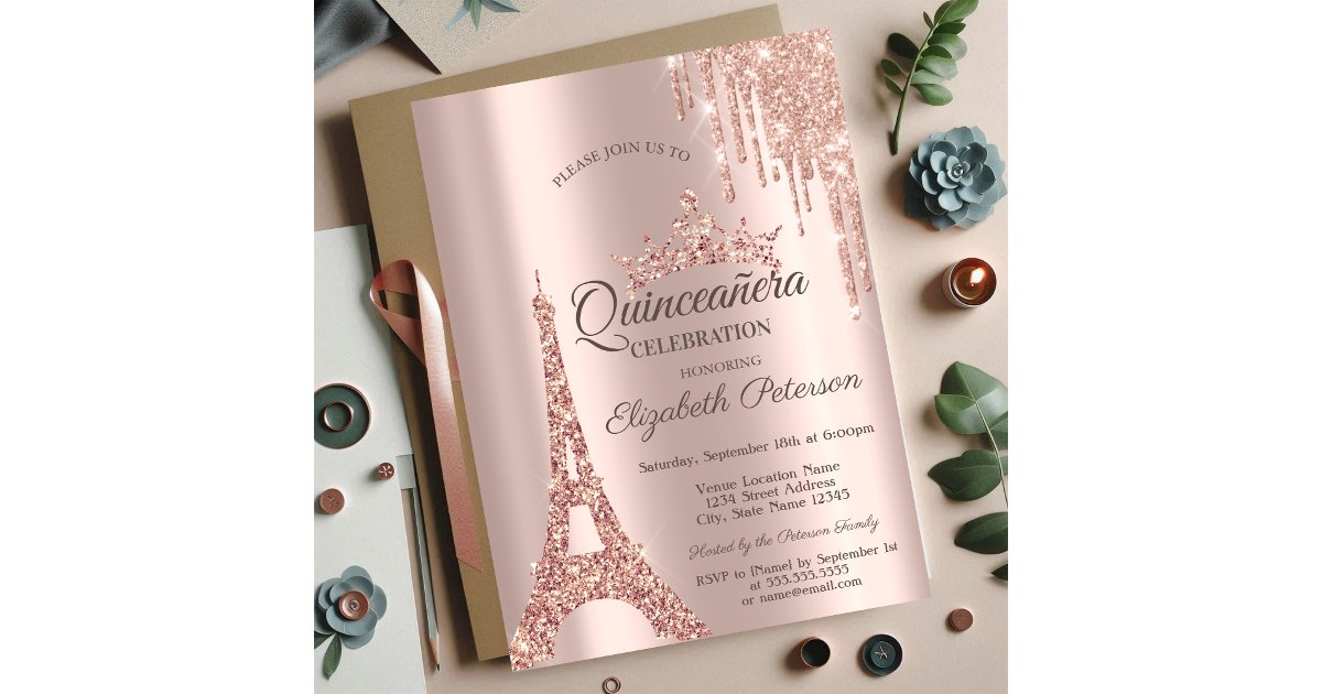 Paris Eiffel Tower,Drip Rose Gold Quinceañera Invitation | Zazzle