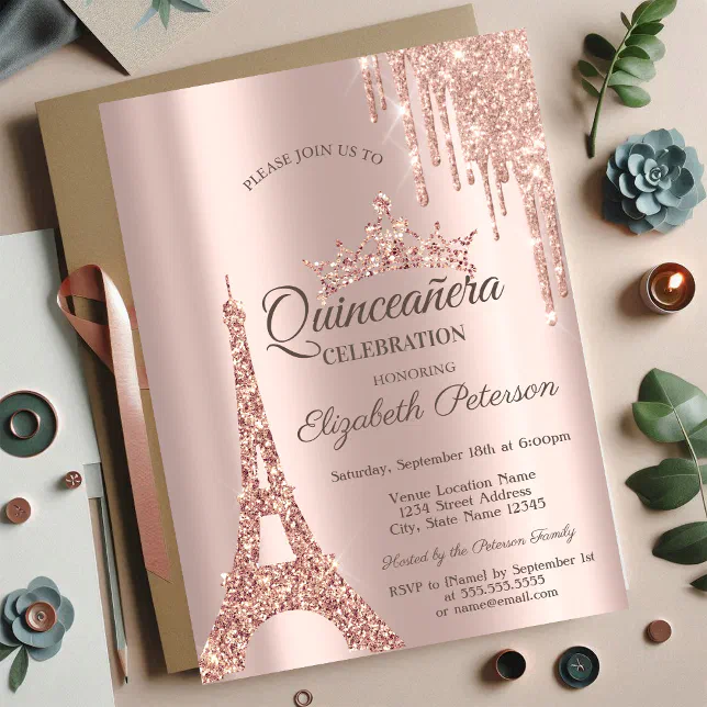 Paris Eiffel Tower,Drip Rose Gold Quinceañera Invitation | Zazzle