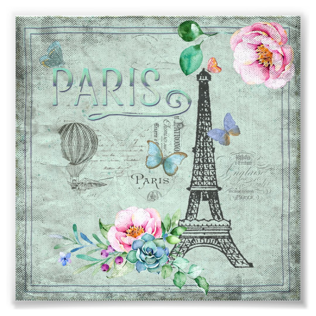 Paris-Eiffel Tower-Flower-Floral-Vintage-Roses Photo Print | Zazzle
