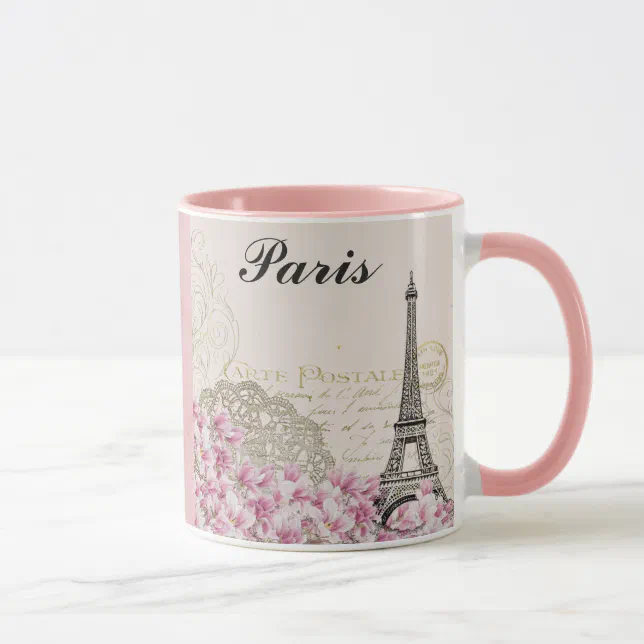 Paris Eiffel Tower France Vintage Pink Flowers Mug | Zazzle