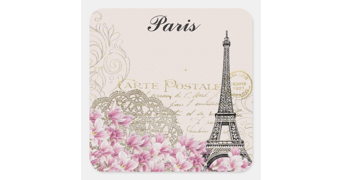 Paris Eiffel Tower France Vintage Pink Flowers Square Sticker | Zazzle