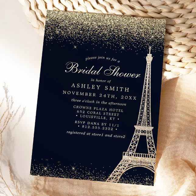 Paris Eiffel Tower Gold Sparkle Bridal Shower Invitation | Zazzle