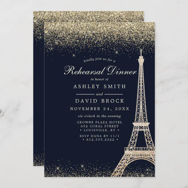 Paris Eiffel Tower Gold Sparkle Rehearsal Invitation | Zazzle