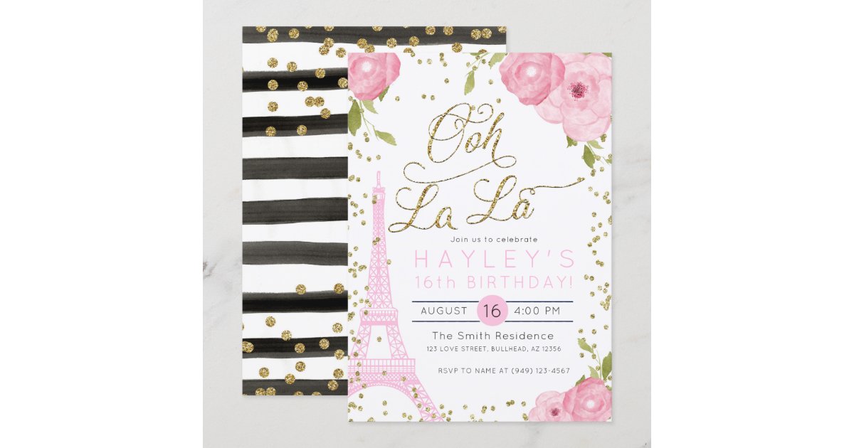 Paris Eiffel Tower Pink Gold Birthday Invite | Zazzle