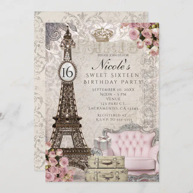 Paris Eiffel Tower Pink Roses Party Invitations | Zazzle