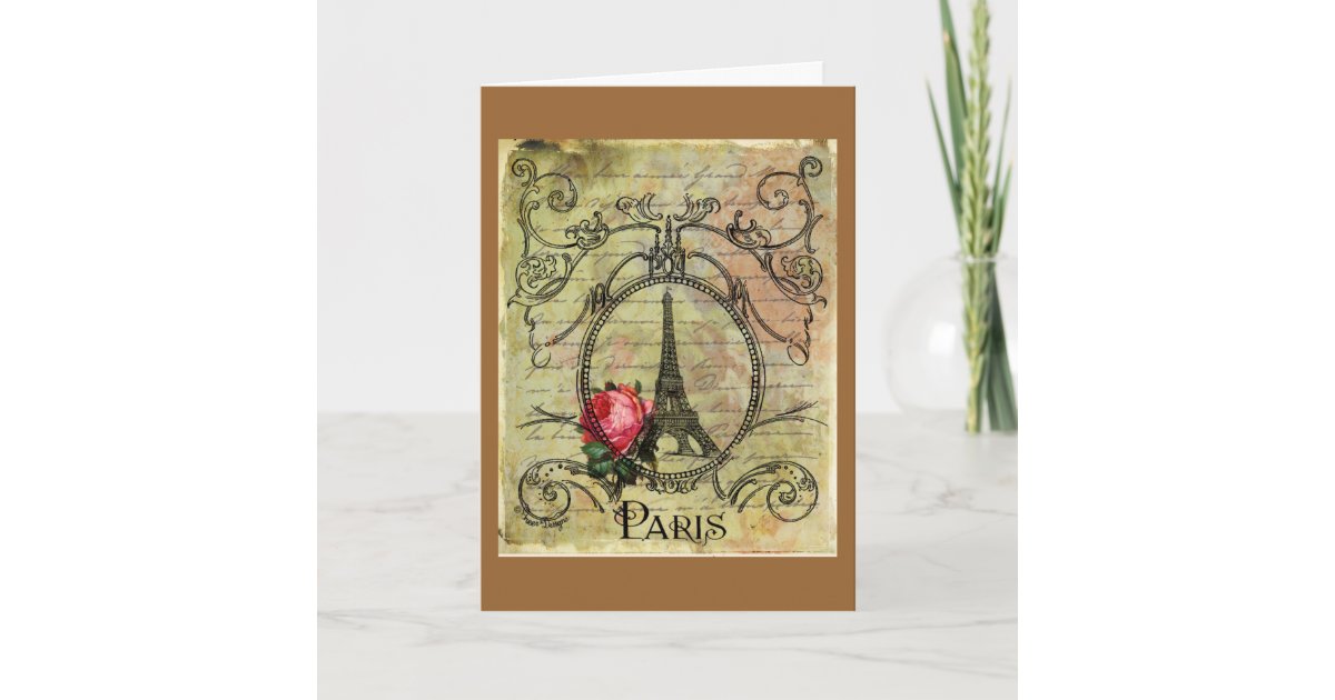 Paris Eiffel Tower & Red Rose Steampunk Card | Zazzle