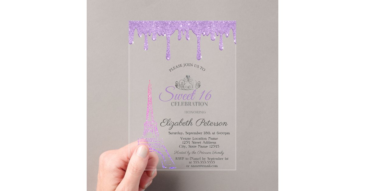Paris Eiffel Tower,Violet Drips Sweet 16 Acrylic Invitations | Zazzle