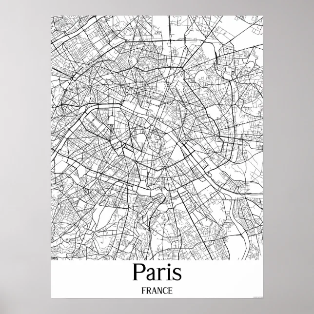 Paris France Black and White City Map Poster | Zazzle