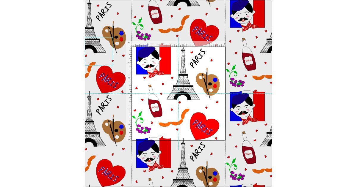 Paris France Themed Cute Fun Red White Blue Design Fabric | Zazzle