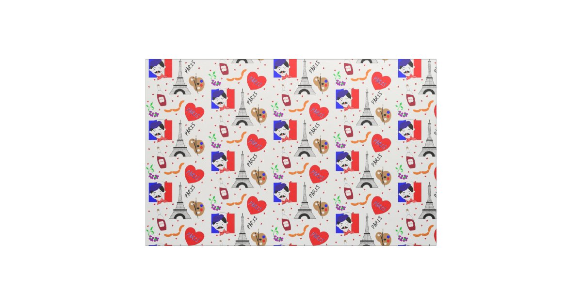 Paris France Themed Cute Fun Red White Blue Design Fabric | Zazzle