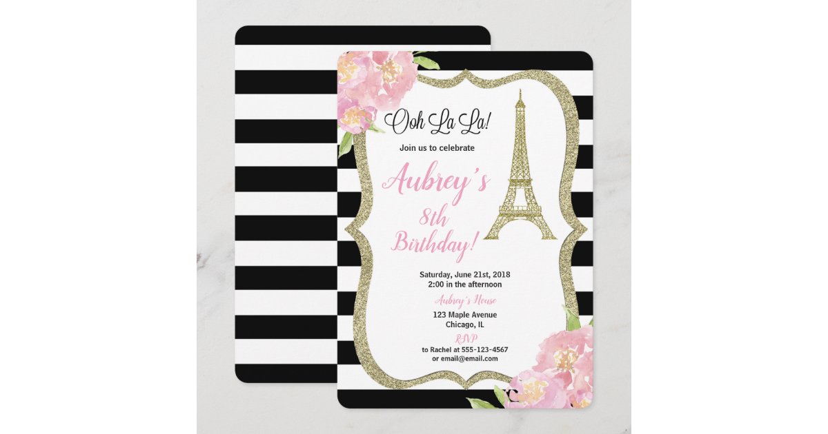 Paris French birthday invitation girl pink gold | Zazzle