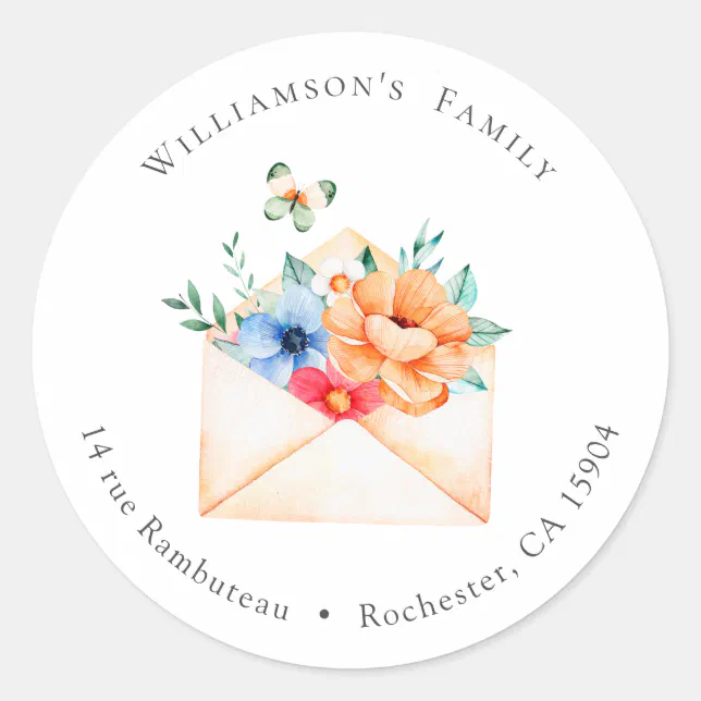 Paris Letter With Flowers Watercolor Address Classic Round Sticker | Zazzle