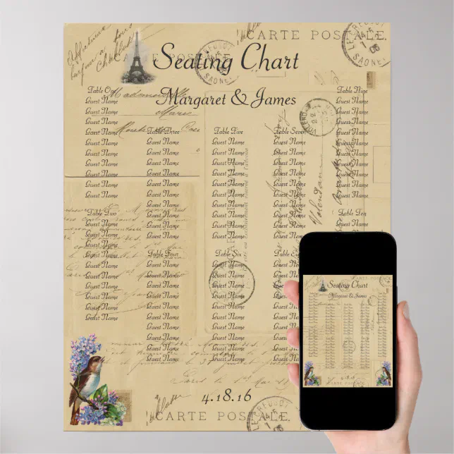 Paris Postcard Bird on Lilacs Seating Chart | Zazzle