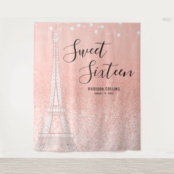 Paris Rose Gold Glitter Lights Sweet 16 Backdrop | Zazzle