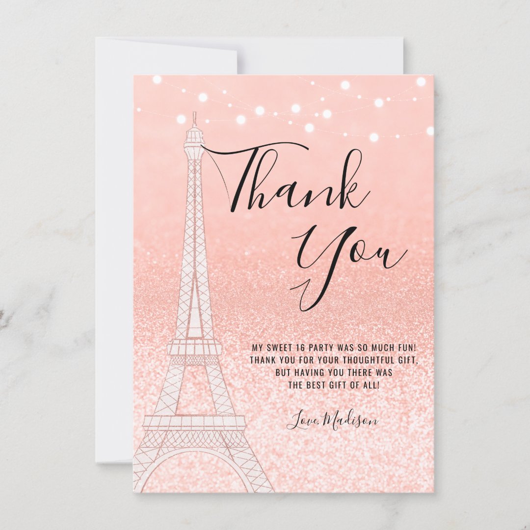 Paris Rose Gold Glitter Lights Sweet 16 Thank You Card | Zazzle