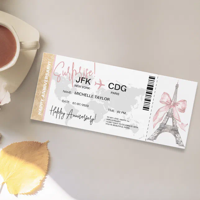 Paris Surprise Anniversary Boarding Pass Ticket Invitation | Zazzle
