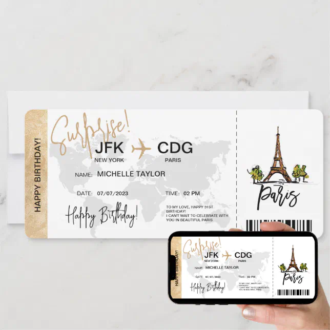 Paris Surprise Birthday Boarding Pass Ticket Invitation | Zazzle