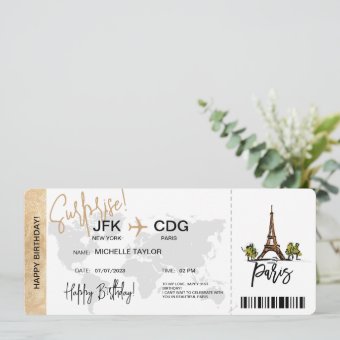 Paris Surprise Birthday Boarding Pass Ticket Invitation | Zazzle