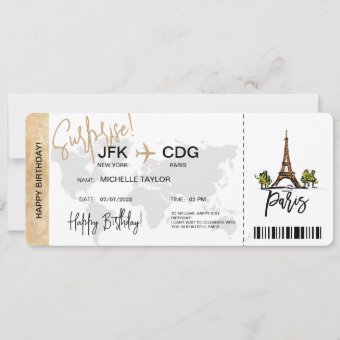 Paris Surprise Birthday Boarding Pass Ticket Invitation | Zazzle