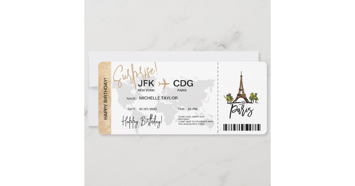 Paris Surprise Birthday Boarding Pass Ticket Invitation | Zazzle