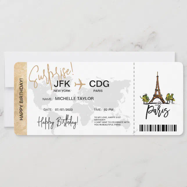 Paris Surprise Birthday Boarding Pass Ticket Invitation | Zazzle
